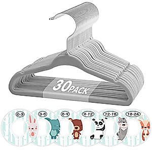 Kids Velvet Hangers, VIS'V 11 Inch Gray Non-Slip Baby Clothes Hangers with 6 Pcs Cute Clothing Dividers for Infant Toddler Boys & Girls Closet Organizer - 30 Pack