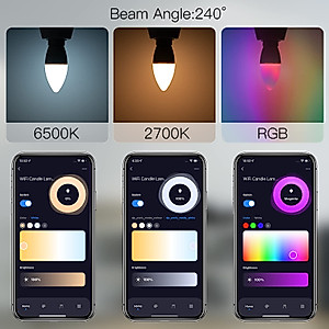 MoesGo Smart Candelabra Led Light Bulbs, WiFi E12 Smart Bulbs, 2700K-6500K CW& RGB Dimmable, Smart Life/Tuya APP Remote Control, Work with Alexa/Google Home, 470lm 5W (40W Equivalent) 4 Pack No Hub