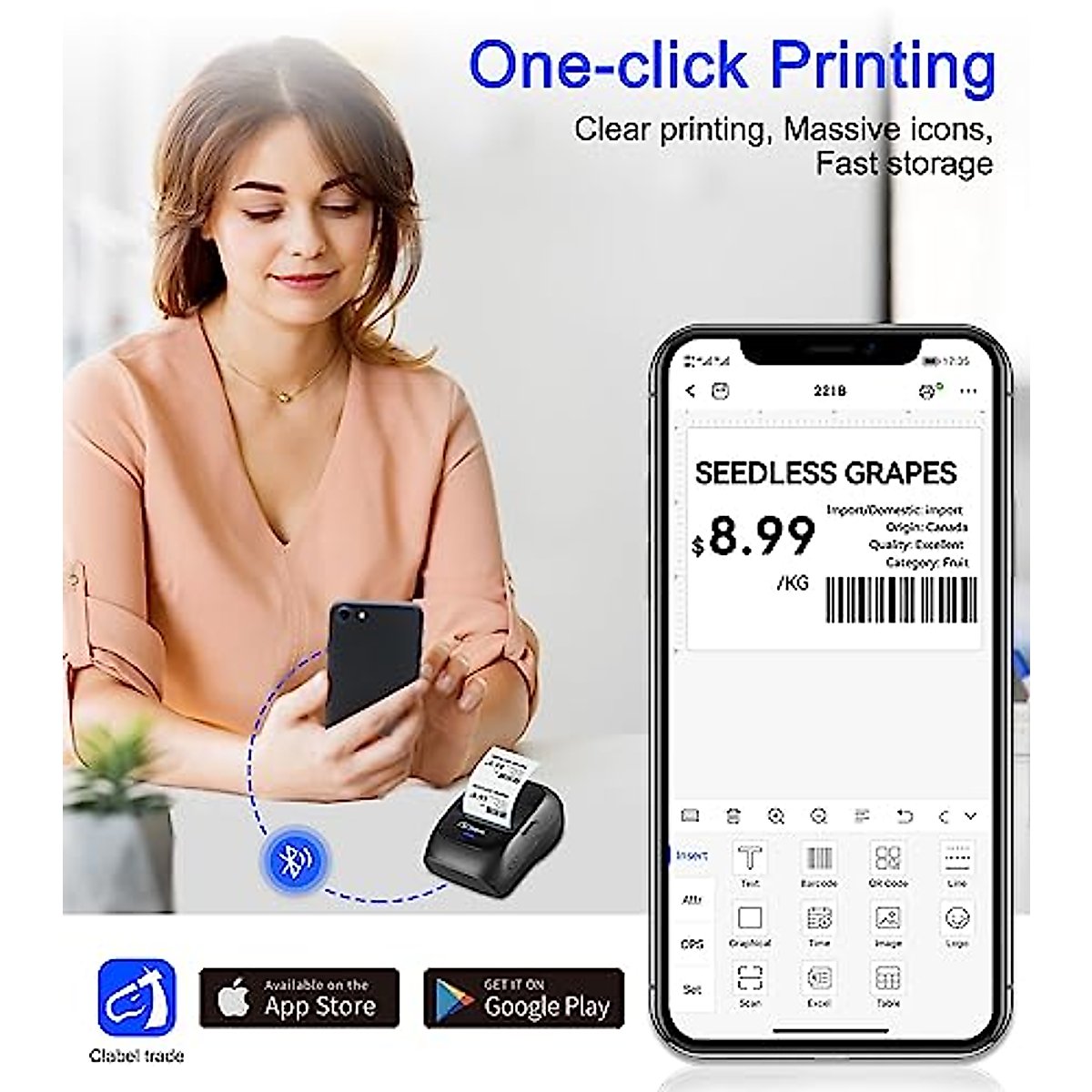 CLABEL Barcode Label Printer, 221B Bluetooth Thermal Label Maker Printer for Addresses, Business, Clothing, Labeling, Mailing, Compatible with Android & iOS System, with 1 Roll Label