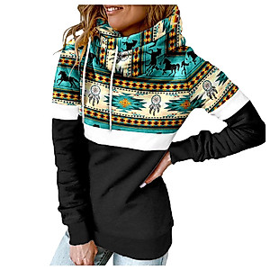 Aztec Hoodies for Women Pullover Western Jacket Hooded Sweatshirt Turtleneck Long Sleeve Shirt Print Tunic Tops Geometric Horse Tribal Ethnic Vintage Color Block Colorblock Turtle Cowl High Neck