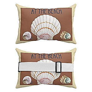 Recliner Head Pillow Ledge Loungers Chair Pillows with Insert AT THE BEACH Vintage Ocean Shell Lumbar Pillow with Adjustable Strap Outdoor Waterproof Patio Pillows for Beach Pool Chair, 2 PCS