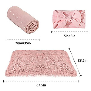 3PCS Newborn Baby Photography Props Soft Faux Fur Mat Basket Stuffer Rug Handmade Pearl Long Ripple Wrap Blanket with Headband Newborn Photo Shoot Props