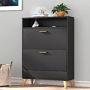 Gyfimoie Shoe Storage Cabinets, Free Standing Shoe Organizer with 2 Flip Drawers for Entryway, Narrow 3 Tier Entryway Hidden Shoe Rack with Doors (Black)