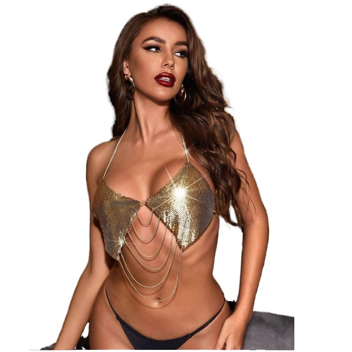 Jeweky Sequin Bra Chain Gold Tassel Crop Top Chest Body Chains Sexy Beach Nightclub Rave Bikini Body Accessories Jewelry for Women