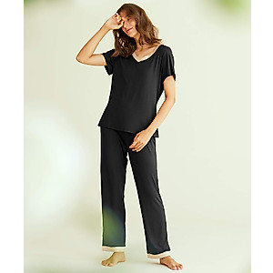 Latuza Women's V-neck Short Sleeves Pajama Set L Black