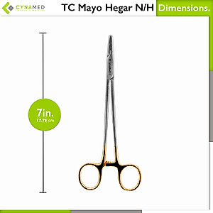 Cynamed TC Mayo Hegar Needle/Suture Holder Driver with Tungsten Carbide Inserts and Gold Rings - Premium Grade Instrument (7 in.)
