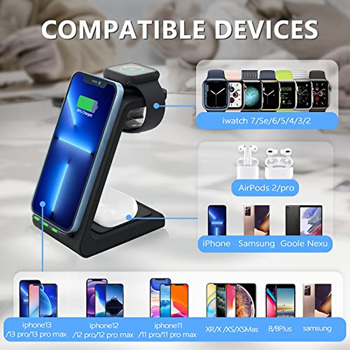 Wireless Charging Station,3 in 1 Fast Charging Station,Wireless Charger Stand for iPhone 14/13/12/11 Pro Max/X/Xs Max/8/8 Plus, AirPods 3/2/pro, iWatch Series 7/6/5/SE/4/3/2 (Black)