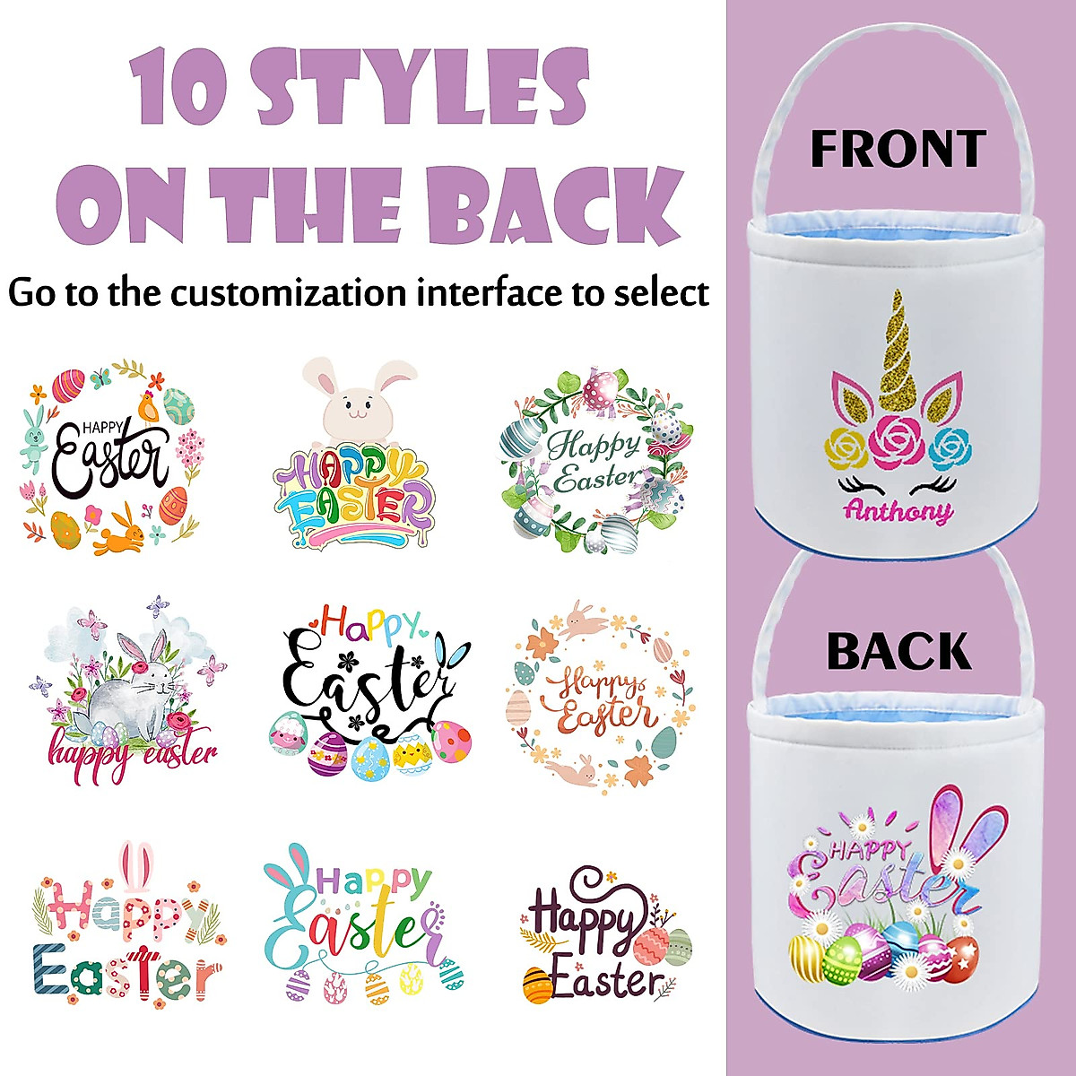 Personalized Easter Baskets Unicorn Bunny for Boys Girls Custom Name Easter Basket Egg Canvas Tote Bag with Handle Kids Gift Pink