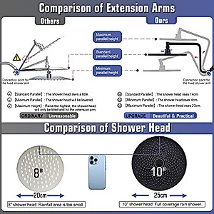 10" Rainfall Shower Head with Handheld Combo, Upgrade 12" Extension Arm Height Adjustable, 3-Way High Pressure Spray, Brass Holder Extra Long Hose, Matte Black