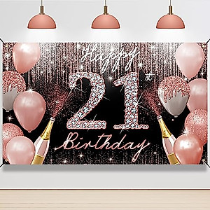 Happy 21st Birthday Backdrop Banner, 21st Birthday Decoration for Her Rose Gold, 21 Year Old Birthday Party Yard Sign Photo Booth Props Background Poster, 21 Bday Decor, Fabric, PHXEY