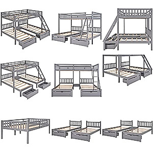 MOOLO 3-1 Full Over Twin, Twin Bunk Bed, Wood Triple Bunk Bed with Drawers and Guardrails for Kids Teens Adults(Color:Gray)