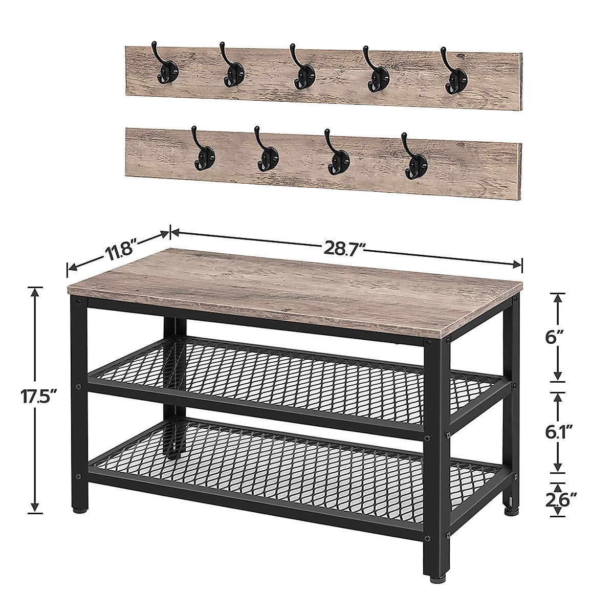 HOOBRO Hall Tree Entryway Storage Bench, Coat Rack Shoe Bench, Shoe Rack Organizer with Coat Hooks, 3-in-1 Design, Wooden Furniture with Metal Frame, Greige and Black BG17MT01