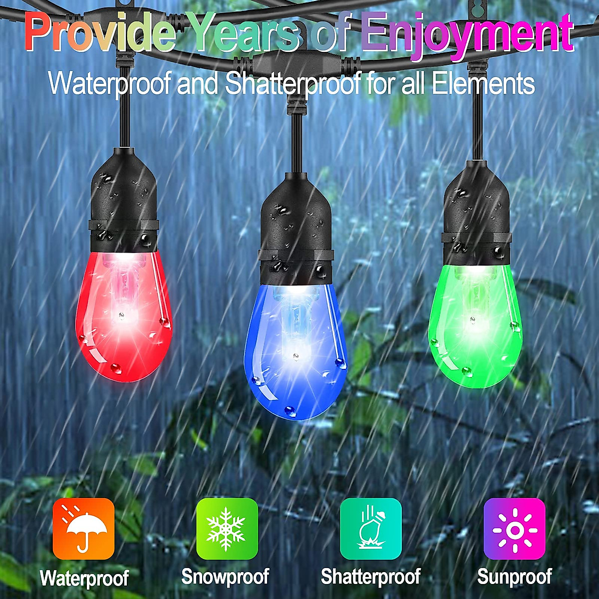 Waterproof 48 FT RGB Solar String Light Outdoor with 16 S14 E26 Shatterproof LED Bulbs, Solar Powered Patio Lights String with Remote Control for Backyard Garden Party.