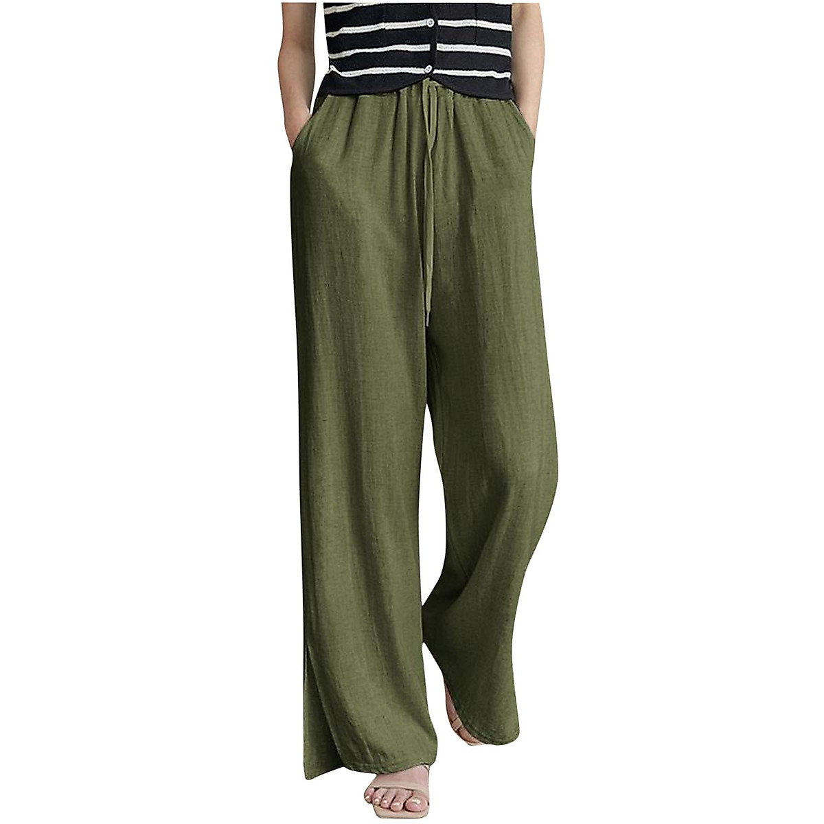 fold Over Yoga Pants for Women Women Wide-Leg Pants Loose Flowy Trousers Cotton Linen Slacks Capri Pants Side Split Lounge Pant Plus Size Relaxed Fit Green L
