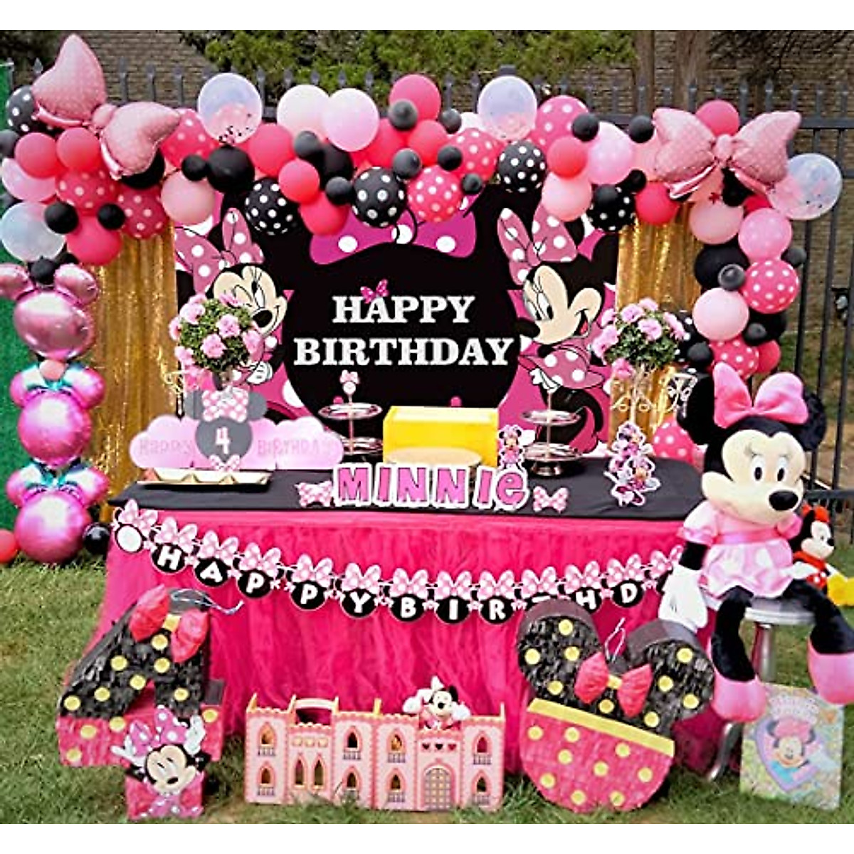 LXBO Cartoon Mouse Backdrop Pink Bow Princess Happy Birthday Backdrop Girl Party Photo Decorative Banners Baby Shower Photography Supplies (7x5FT)