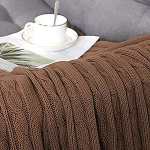 Alysheer 100% Cotton Cable Knit Throw Blanket 57 x 63 in, All Weather Chic Sweater Knitted Textured Soft Warm Lightweight Decorative Sofa Throws for Couch Bed Outdoor Chair(Coffee Light Brown)
