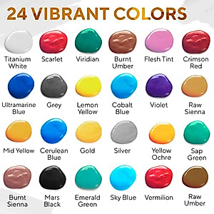 Premium Quality Acrylic Paint Set 24 Colors - 1.28oz (38ml) - with 6 Nylon Brushes - Safe for Kids & Adults - Perfect Kit for Beginners, Pros & Artists to Create Amazing Paintings and Artwork