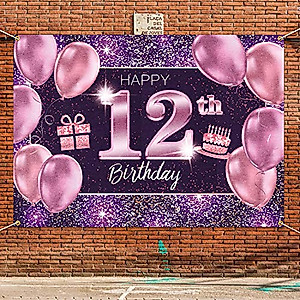 PAKBOOM Happy 12th Birthday Banner Backdrop - 12 Birthday Party Decorations Supplies for Girl - Pink Purple Gold 4 x 6ft