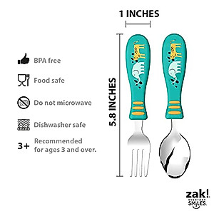 zak! Safari - 5-Piece Dinnerware Set - Durable Plastic & Stainless Steel - Includes Water Bottle, 8-Inch Plate, 6-Inch Bowl, Fork & Spoon - Suitable for Kids Ages 3+
