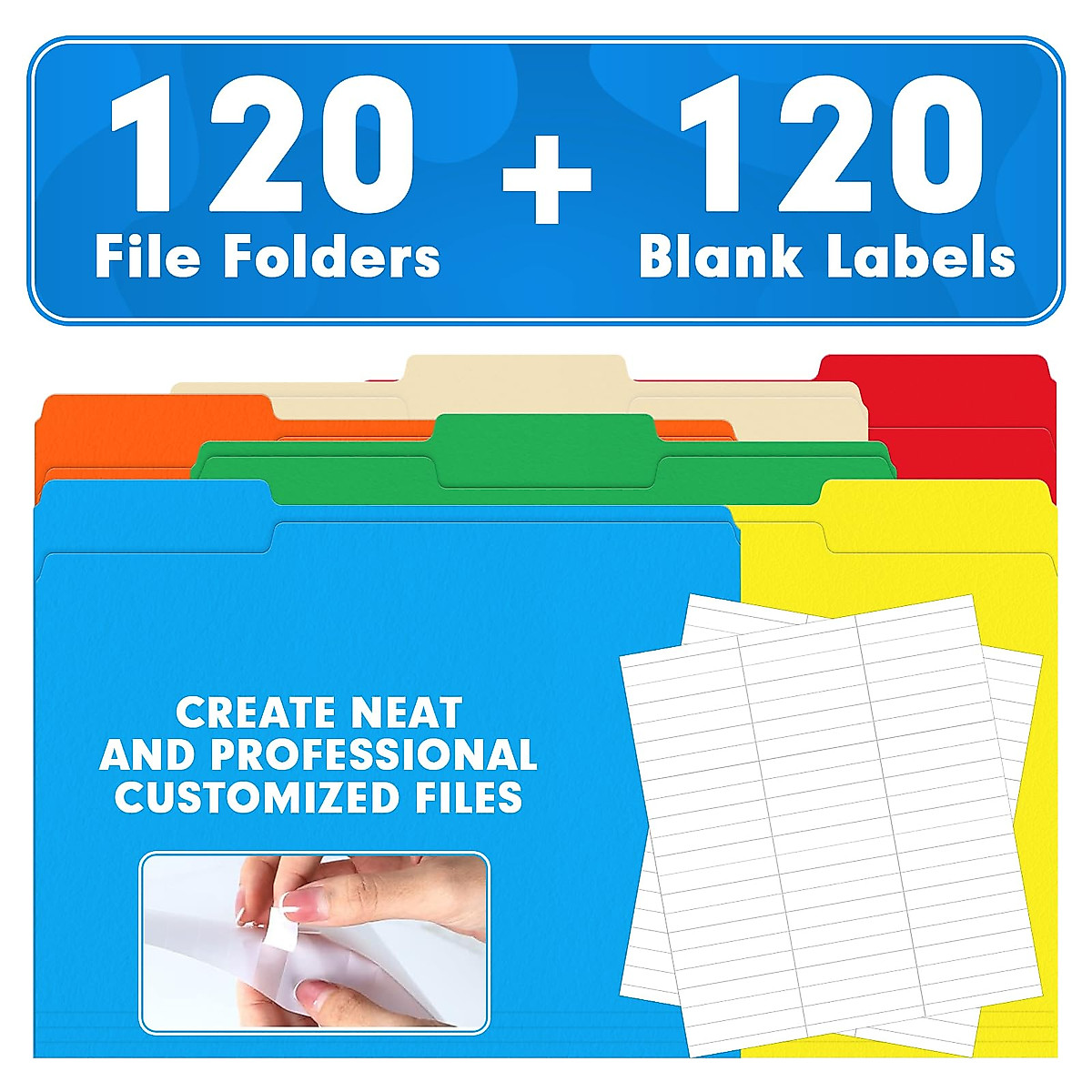 File Folder, HERKKA 120 Pack 1/3 Cut Tab File Folders, Colored File Folders Designed for Office and Classroom Use, Letter Size, Assorted 6 Colors