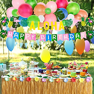 Tropical Luau Party Decoration Pack Hawaiian Beach Theme Party Flamingo Pineapple Décors Multi Scene Luau Party Supplies (135pcs) Happy Birthday & Aloha Felt Banner Table Skirt Disposable Tablecloth