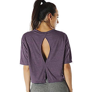 icyzone Open Back Workout Top Shirts - Yoga t-Shirts Activewear Exercise Crop Tops for Women (M, Plum Purple)