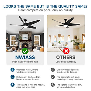 NWIASS 60 Inch Ceiling Fan with Light, Outdoor Ceiling Fan for Patios Waterproof, Black Modern Ceiling Fan with Remote 3 CCT Dimmable Large Airflow, Wet Rated Ceiling Fan for Bedroom Exterior