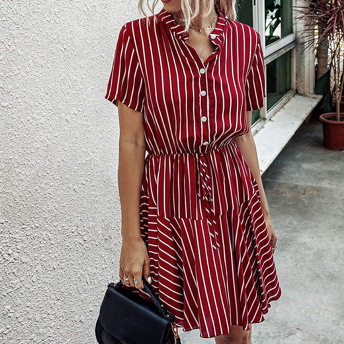 Shakumy Women Short Sleeve Button Swing Mini Dress Casual Summer Plaid Stripe Snakeskin Loose Tunic Shirts Short Dress