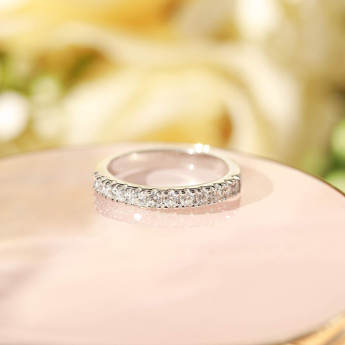 EAMTI 3mm Cubic Zirconia Wedding Band 925 Sterling Silver Half Eternity Ring for Women Size 7