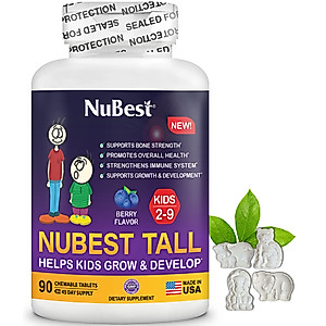 NuBest Tall Kids - Toddlers Vitamins and Kids Vitamins for Age 2 to 9 - Support Bone Strength, Overall Health and Immunity - Animal Shapes - 90 Chewable Berry Tablets | 1.5 Month Supply