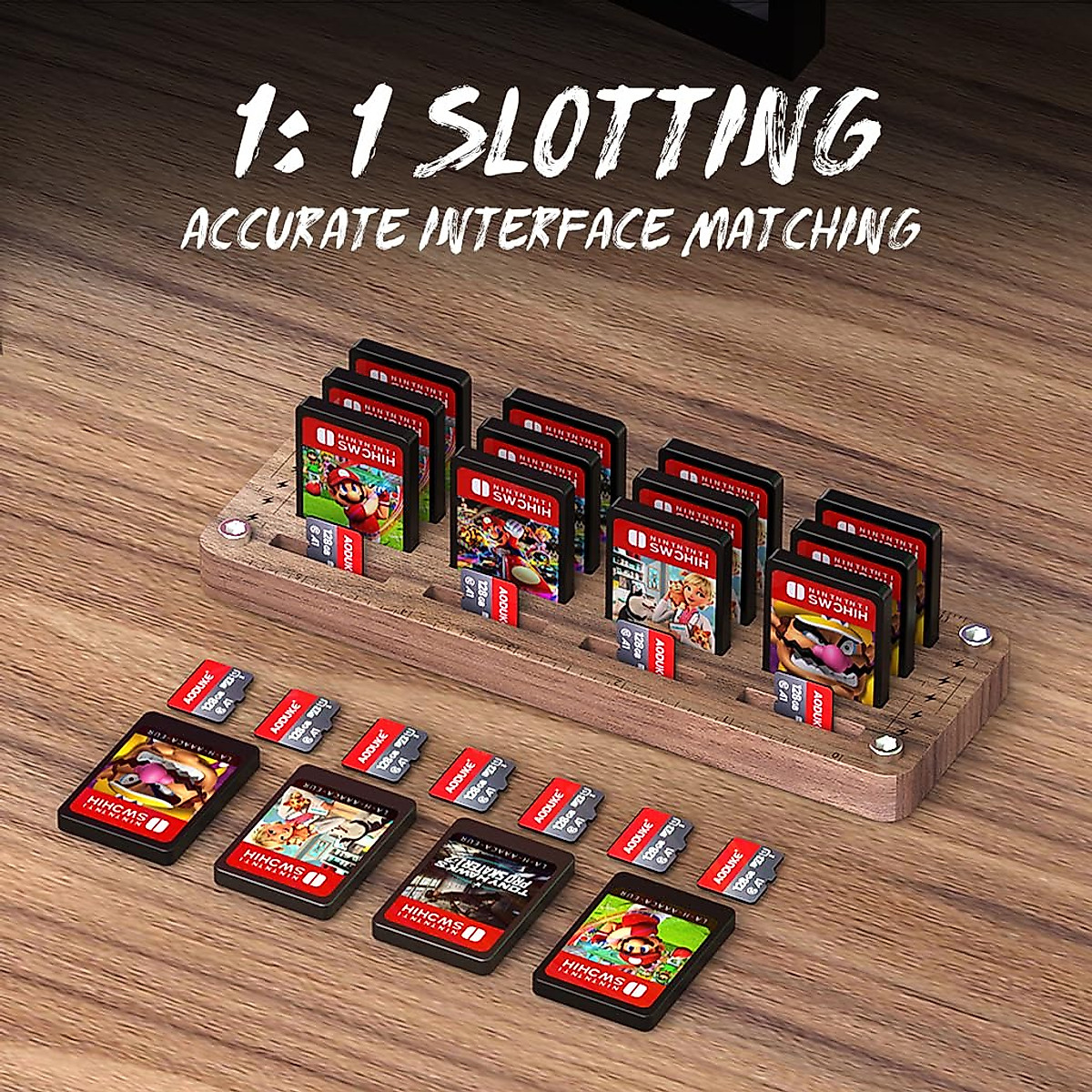 FEIFANZHE 16 Slots Wooden Storage Case Stand for Nintendo Switch Game Cards, TF Card Holder - Walnut Box F01M-S