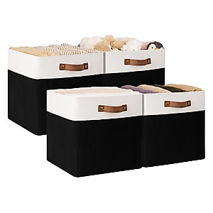StorageWorks 13x13 Storage Cubes, Collapsible Storage Bins Organizer for Closet, Fabric Storage Box with PU Handles, Black and White, 4-Pack