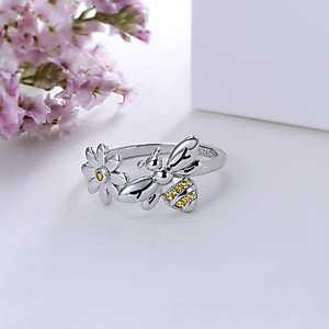 Sterling Silver Honeycomb Daisy Flower Bee Ring S925 Honeybee Flower Cubic Zirconia Bumble Wrap Rings Jewelry Gift for Women Wife Daughter Mom