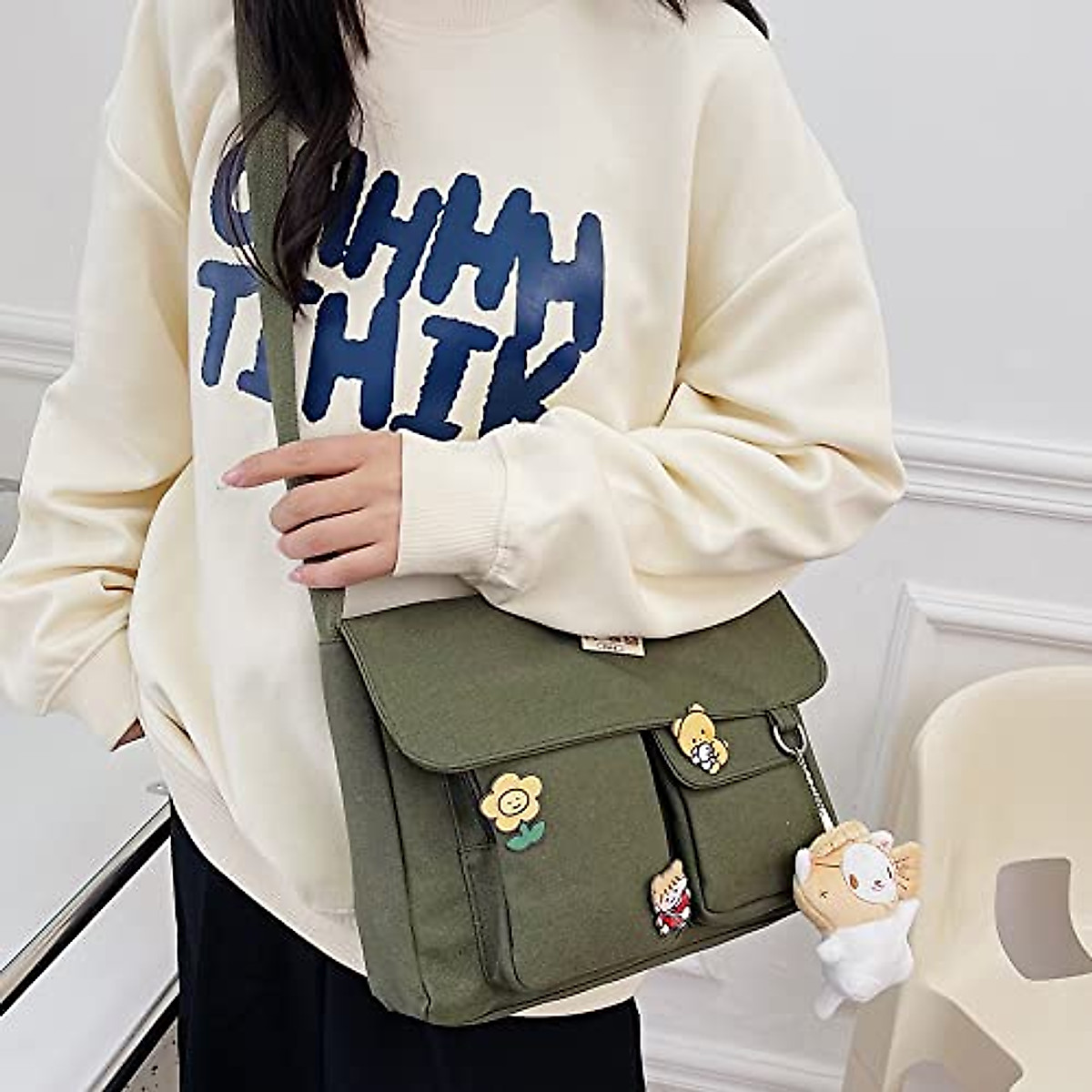 Canvas Crossbody Bag with Kawaii Pins and Pendent for Women Girls Casual Shoulder Messenger Bag Students Schoolbag