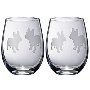 Set of 2 French Bulldog Dog Stemless Wine Glasses - French Bulldog Puppy & Doggy Lover for Him & Her - Dogs Silhouette - Glass Gifts Etched Tumblers for Anniversary, Wedding, Home Bar Gifts