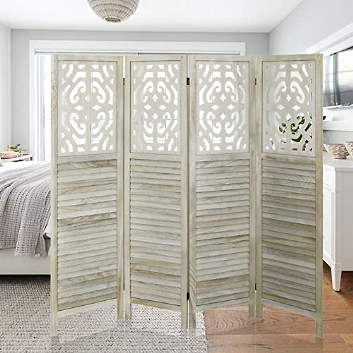 ACEHOME Room Dividers 4 Panel,Home Folding Privacy Carved Wood Screens 5.6Ft,Portable Office Walls Dividers,Indoor Decorative Room Partition,No Installation Required, Off-White