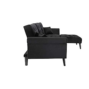 DERCASS Convertible Bed L-Shape Chaise Sectional Sleeper Button Tufted Sofa Velvet with Pillows Reversible Couch for Living Room (Black Sofa), W223S008SOFA