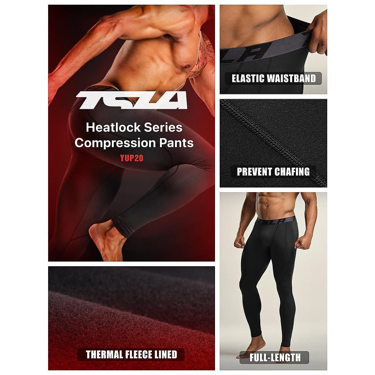 TSLA Men's Thermal Compression Pants, Athletic Sports Leggings & Running Tights, Wintergear Base Layer Bottoms, 2pack Tights Black/Red, Small