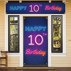 Neon Happy 10th Birthday Door Cover Porch Banner and Large Yard Sign Set Decor Colorful - Glow Neon Theme 10 Years Old Birthday Party Decoraions for Boys Girls Supplies