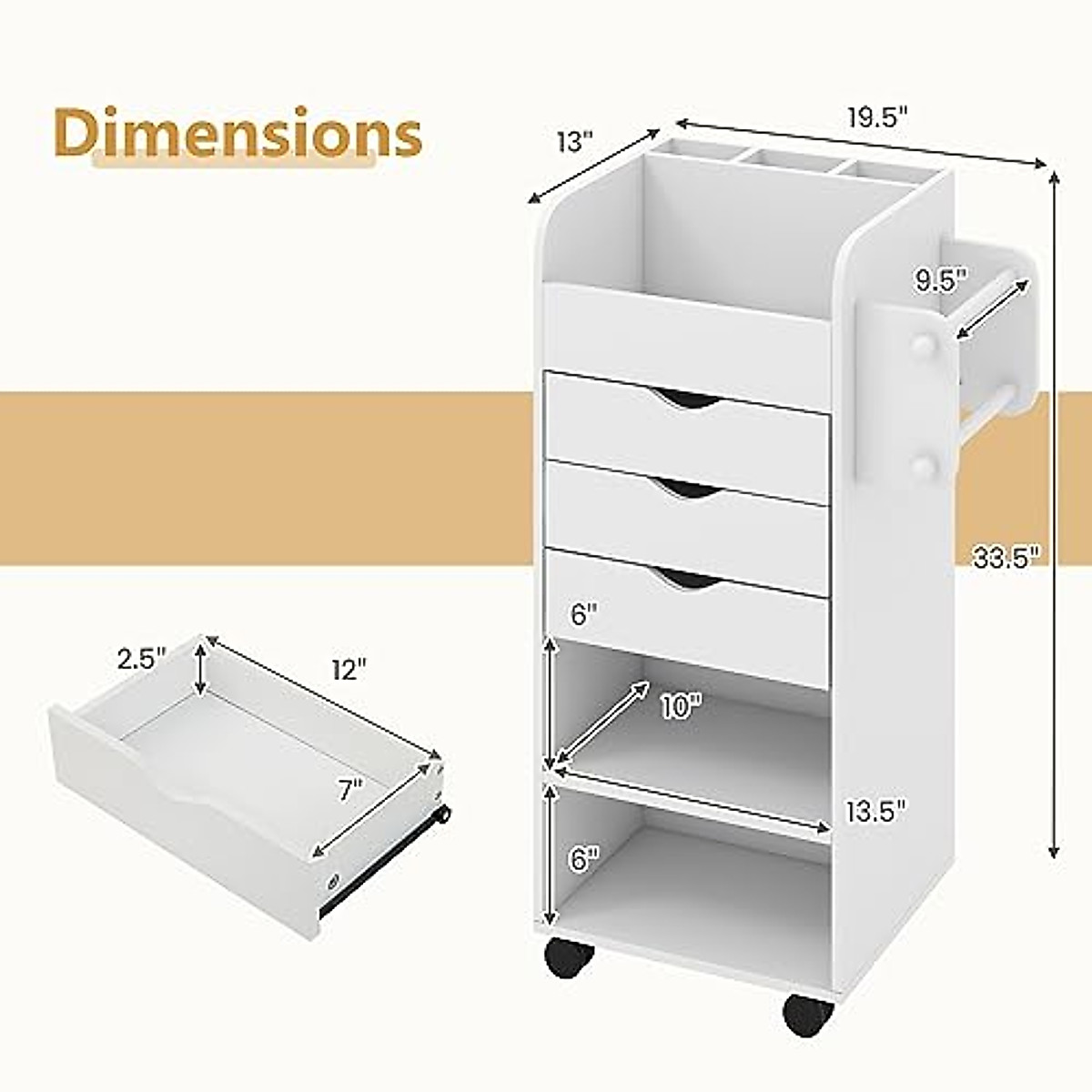 Giantex Craft Storage Cart - Utility Organizer Cart with 3 Drawers, 3 Shelves, 3 Slotted Compartments, 2 Rolling Rods, Crafting Sewing Cabinet on Wheels for Wrapping Paper Scrapbook Ribbon (White)