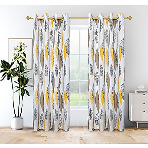 Cherry Home Modern Leaves Room Darkening Blackout Curtain Pairs Panel Heavy Drapes for Living Room Grommet Top Draperies Yellow,2 Panels with 2 Matching Pillow Case,52 Inch by 84 Inch