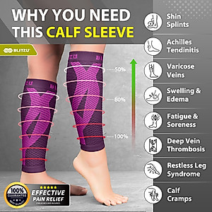 BLITZU Calf Compression Sleeve for Women and Men, Shin Splint Sleeves for Varicose Veins, Nursing, Pregnancy, Running, Footless Compression Socks Support for Calf Muscle Pain Relief Purple L-XL