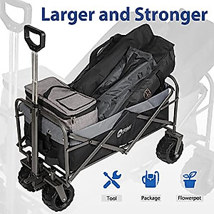Sekey Collapsible Foldable Wagon with 220lbs Weight Capacity, Heavy Duty Folding Garden Cart with Big Beach Brake Wheels & Drink Holders.Black with Grey