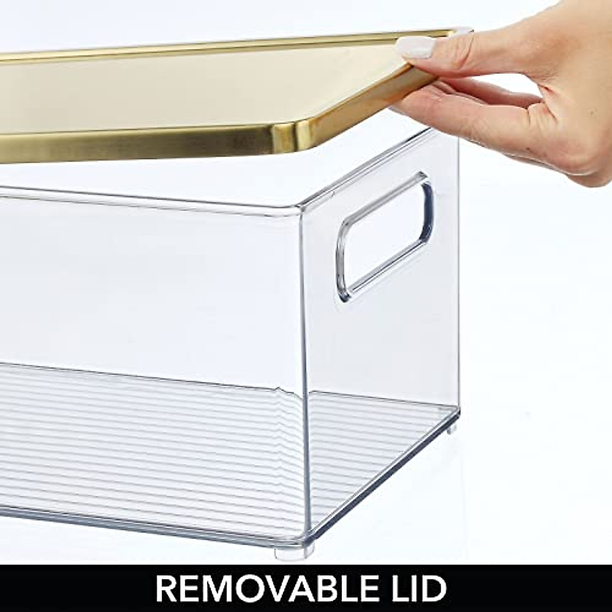 mDesign Plastic Bathroom Storage Organizer Bin - Stackable Box with Handles and Steel Lid - Perfect for Makeup and Medicine Organization - 15" Long - Ligne Collection, 2 Pack, Clear/Soft Brass