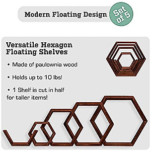 SweetSet Hexagon and Honeycomb Floating Wooden Shelves for Wall mountingStacking, Includes Set of 5 Shelves Screws and Anchors Included, Also Includes Measuring Template for Easy Mounting, Brown-red