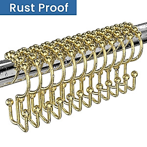 BATHDESIGN Shower Curtain Hooks Rings, Rust Proof Stainless Steel Shower Curtain Hooks Double Sided for Bathroom Shower Rods Curtains, Set of 12, Gold
