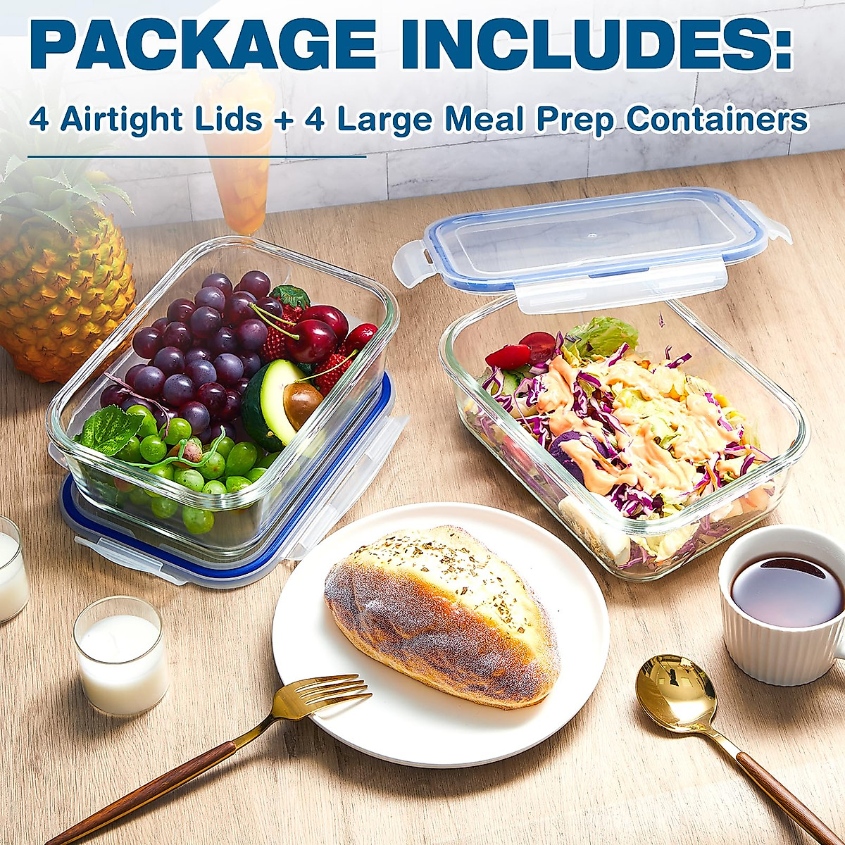 Blushtier 4 Set 8 Cup Large Glass Storage Containers Airtight 63 oz Food Bento Boxes Sets with Lids Kitchen Storage Containers Glass Cookie