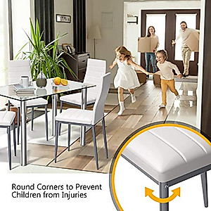 Tangkula 5 PCS Dining Table Set, Modern Tempered Glass Top and PVC Leather Chair w/4 Chairs, Dining Room Kitchen Furniture (White and Silver)