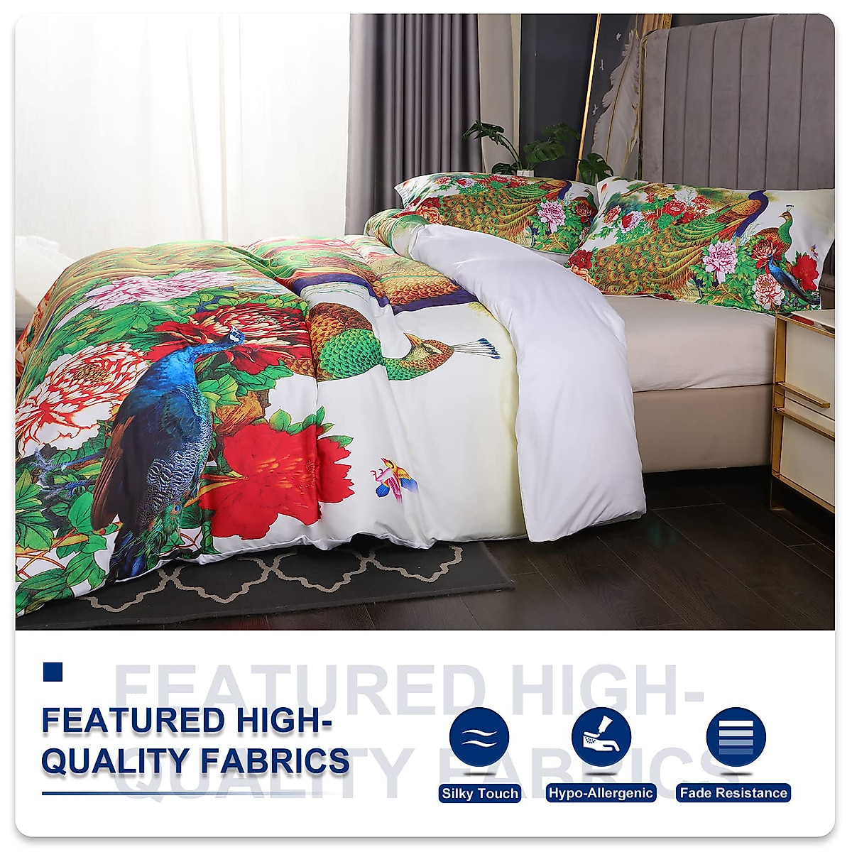 YGNNIU Peacock Duvet Cover Queen Size Floral Pattern Bedding Set Retro Chinese Style Peacock Floral Theme Duvet Cover (1 Duvet Cover and 2 Pillowcases) with Hidden Zipper