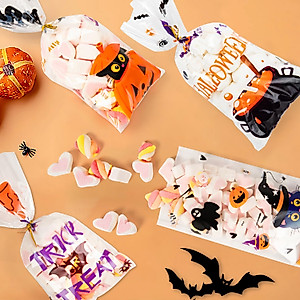 Labeol 150pcs Halloween Treat Bags, 5X11 Halloween Candy bags, Cellophane Bags Goodie Bags Party Favor Bags Clear Gift Bags Cookie Bags Trick or Treat Bags with Ties